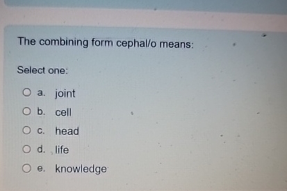 Solved The combining form cephal/o means:Select one:a. | Chegg.com
