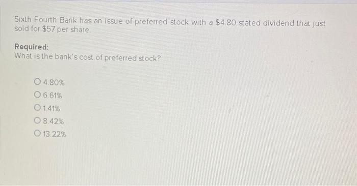 Solved Sixth Fourth Bank has an issue of preferred stock | Chegg.com
