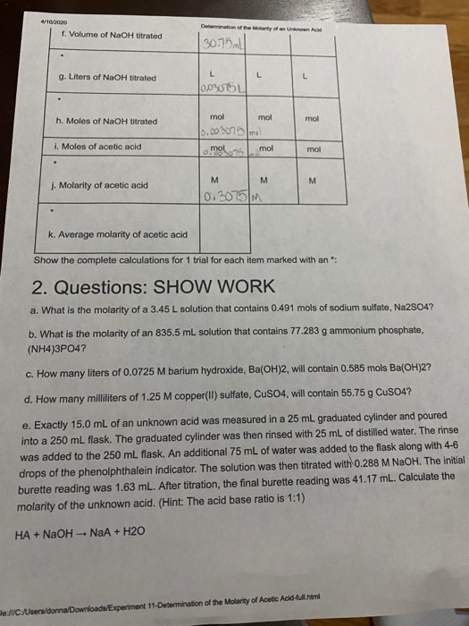 Solved 1. Volume of NaOH titrated 30.75 g. Liters of NaOH | Chegg.com