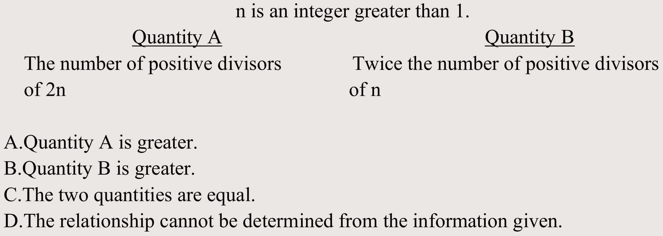 Solved n ﻿is an integer greater than 1.Quantity AThe number | Chegg.com
