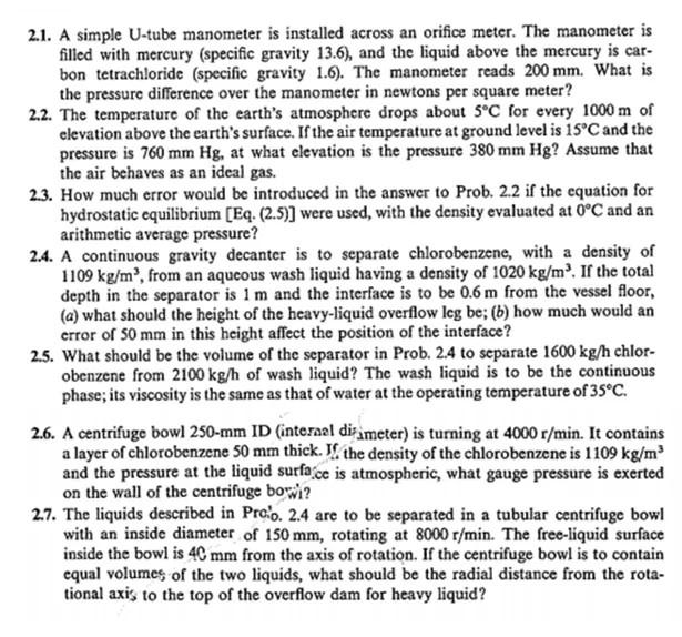 Solved 2.1. A simple U-tube manometer is installed across an | Chegg.com