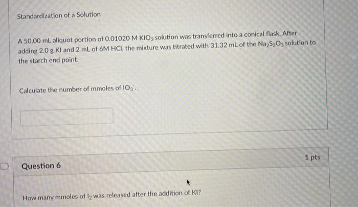 Solved A 50.00 mL aliquot portion of 0.01020MKIO3 solution | Chegg.com