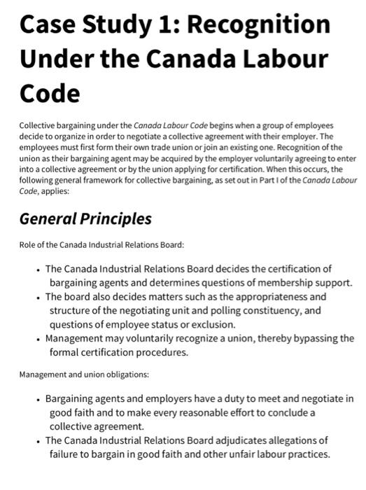 Solved Case Study 1: Recognition Under the Canada Labour | Chegg.com