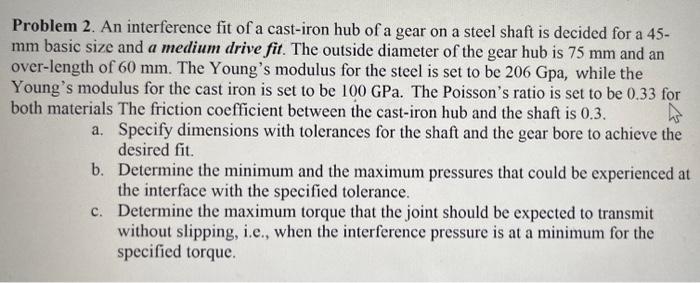 Solved Problem 2. An interference fit of a cast-iron hub of | Chegg.com