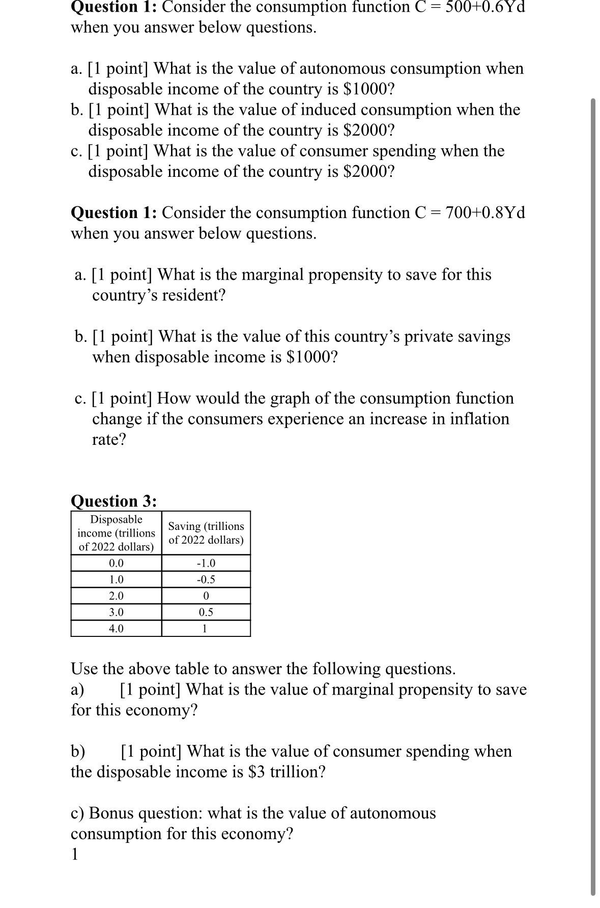 Solved Question 1: Consider the consumption function | Chegg.com