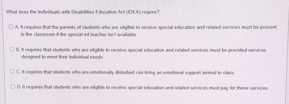 Solved What does the Individuals with Disabilities Education | Chegg.com