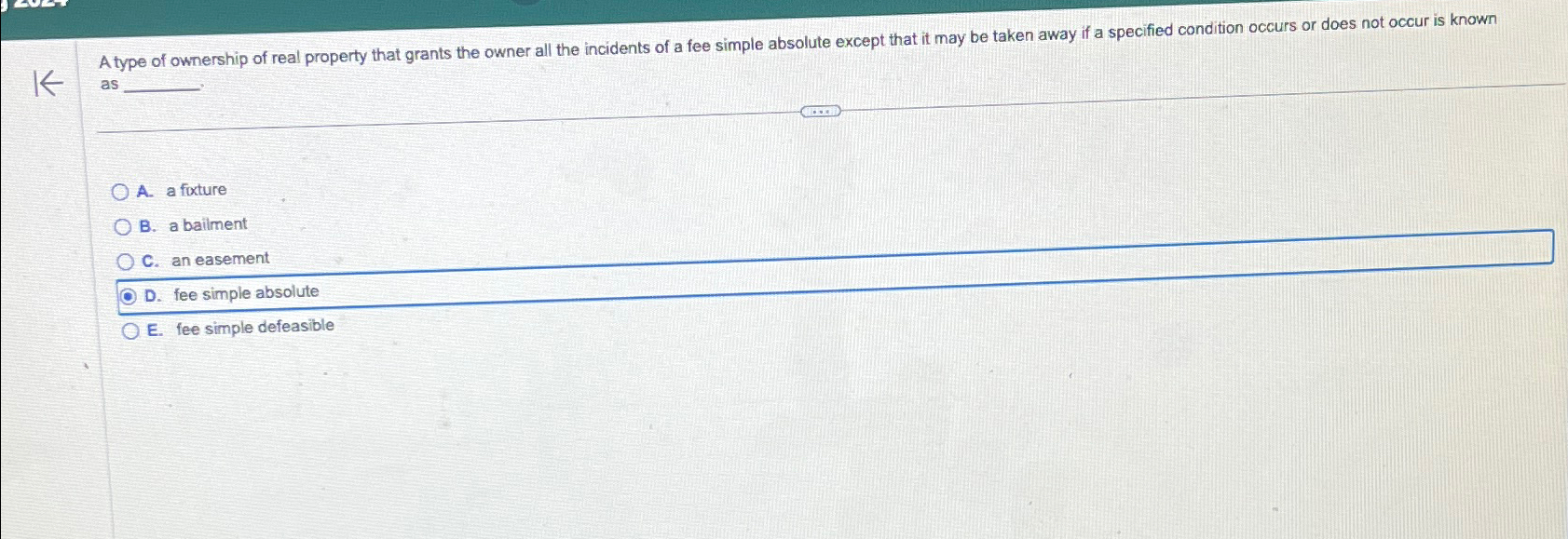 Solved A type of ownership of real property that grants the | Chegg.com