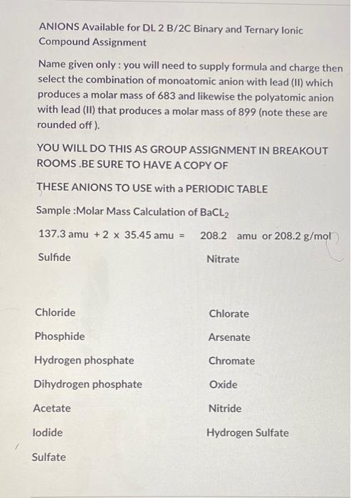 Solved ANIONS Available for DL 2 B/2C Binary and Ternary | Chegg.com