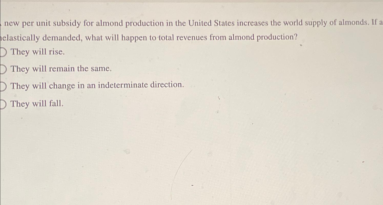 Solved new per unit subsidy for almond production in the | Chegg.com