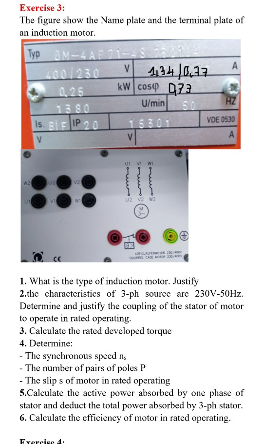 Exercise 3: The figure show the Name plate and the | Chegg.com