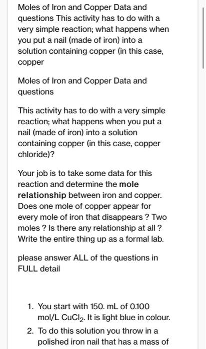 Solved Moles of Iron and Copper Data and questions This | Chegg.com