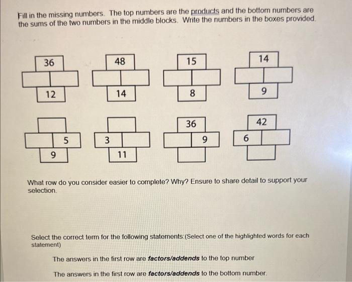 Solved Fill in the missing numbers. The top numbers are the | Chegg.com