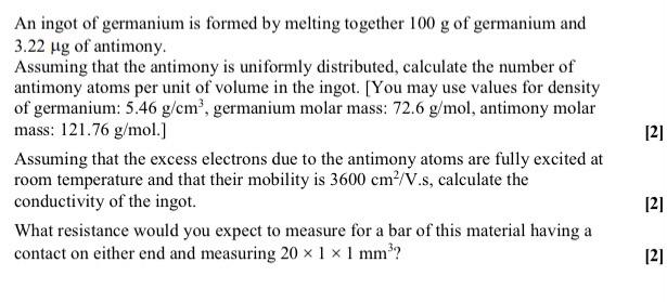 Solved An ingot of germanium is formed by melting together | Chegg.com