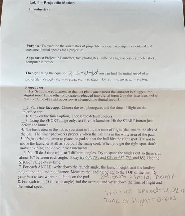 Solved Lab 4 - Projectile Motion Introduction: Purpose: To | Chegg.com