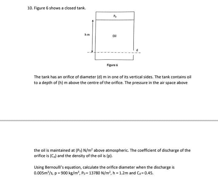 Solved 10. Figure 6 shows a closed tank. The tank has an | Chegg.com
