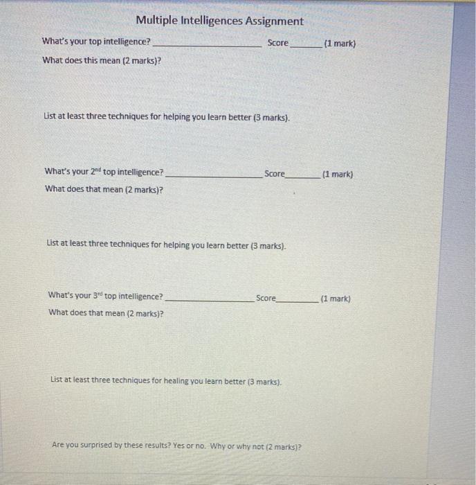 Solved Multiple Intelligences Assignment What's your top | Chegg.com