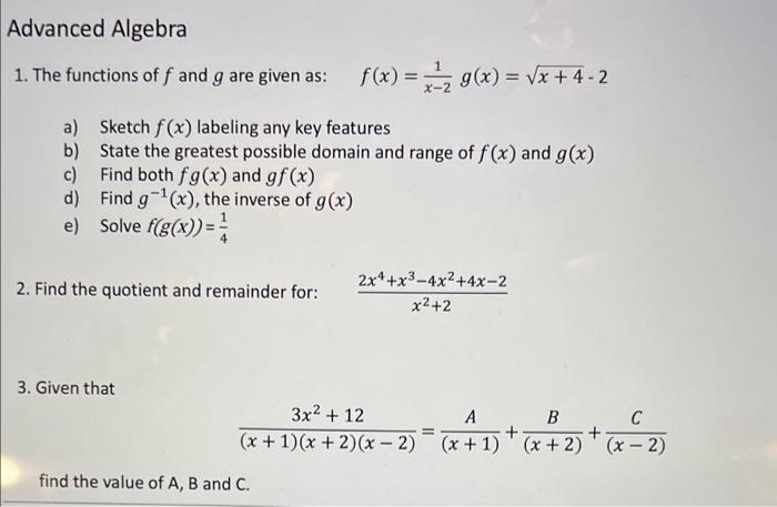 Solved 1. The functions of f and g are given as: | Chegg.com