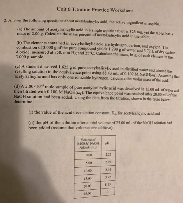 Unit 6 Titration Practice Worksheet 2. Answer the | Chegg.com