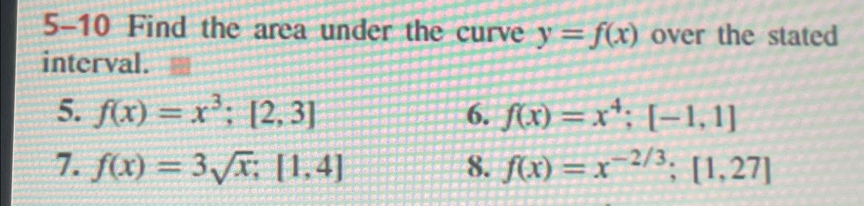 Solved 5-10 ﻿Find the area under the curve y=f(x) ﻿over the | Chegg.com