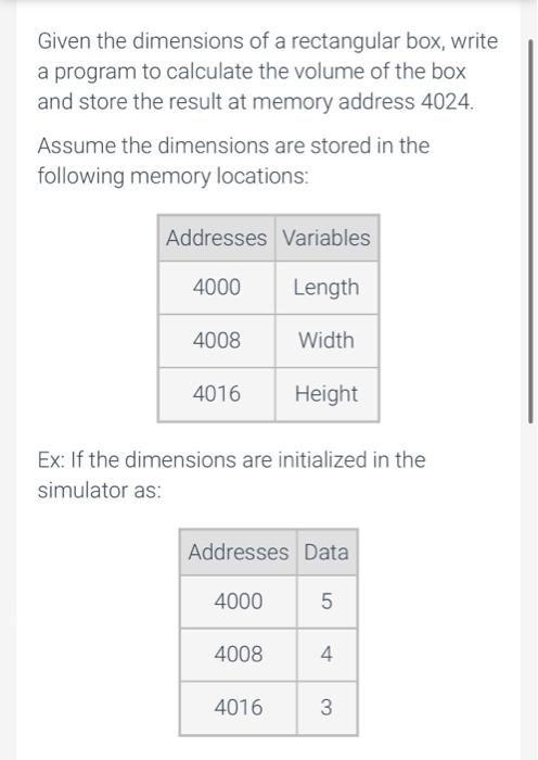 Solved Given the dimensions of a rectangular box, write a | Chegg.com