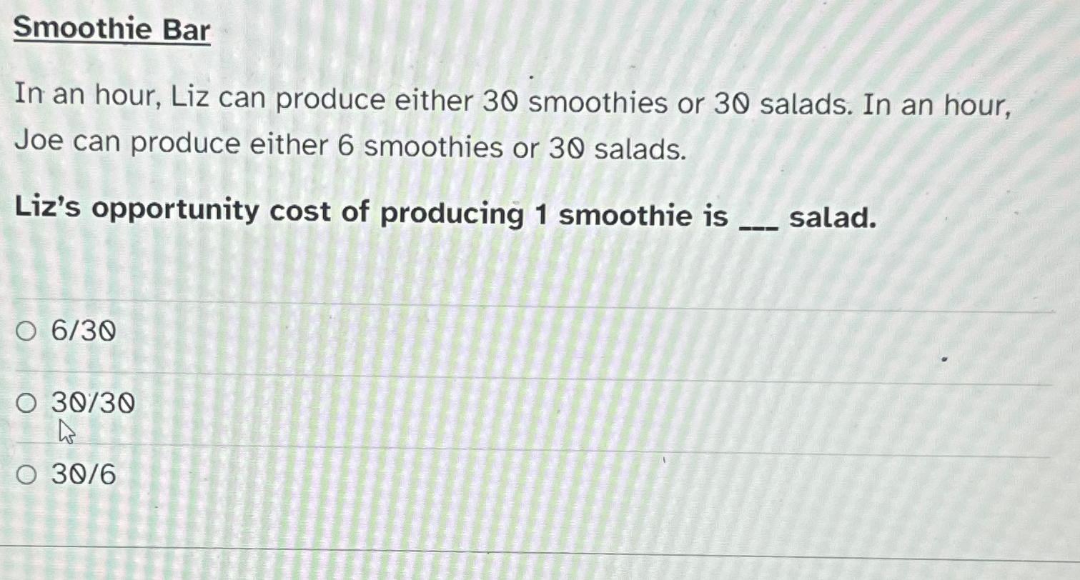 Solved Smoothie BarIn an hour, Liz can produce either 3θ | Chegg.com