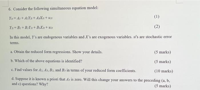 Solved 6. Consider the following simultaneous equation | Chegg.com