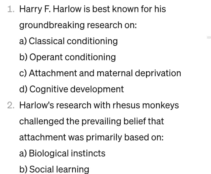 Solved Harry F. ﻿Harlow is best known for his groundbreaking | Chegg.com