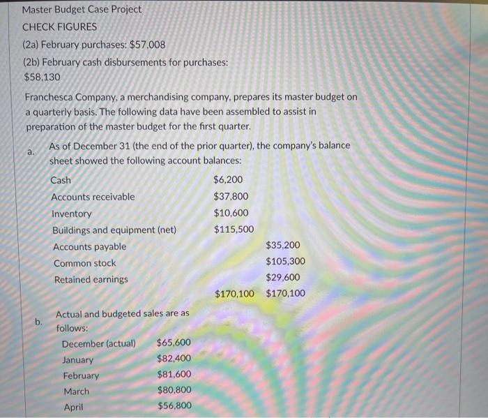 Solved a. Master Budget Case Project CHECK FIGURES (2a) | Chegg.com