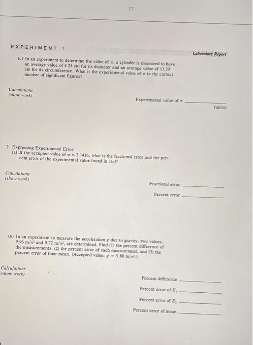 Solved Experimental Error and Data Analysis Laboratory | Chegg.com