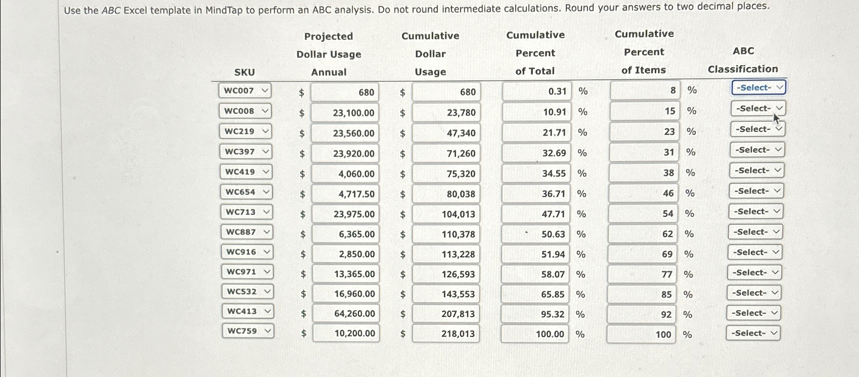 Solved Use the ABC Excel template in MindTap to perform an | Chegg.com