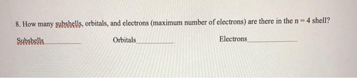 Solved 8. How many subshells, orbitals, and electrons | Chegg.com