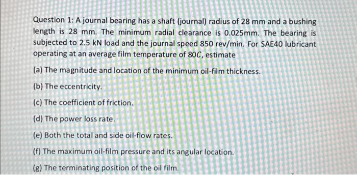 Solved Question 1: A journal bearing has a shaft (journal) | Chegg.com