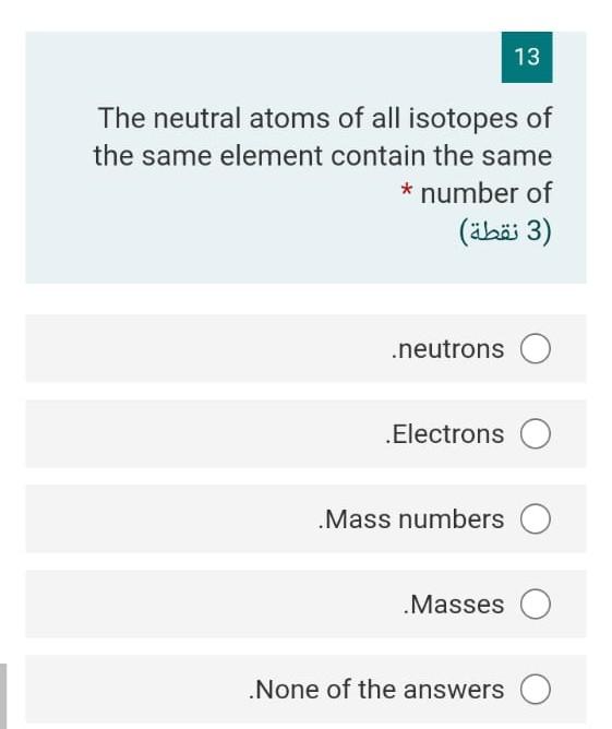 Solved 13 The neutral atoms of all isotopes of the same | Chegg.com