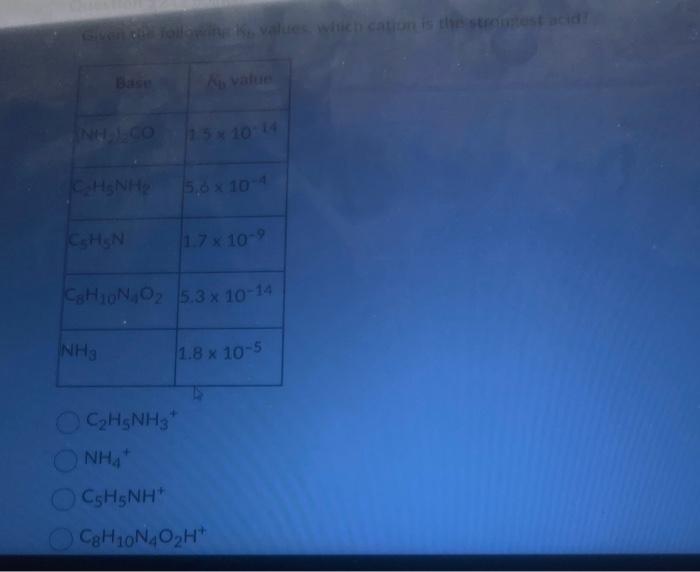 Solved \begin{tabular}{|l|l|} \hline C2H5NH2 & 5.6×10−4 \\ | Chegg.com