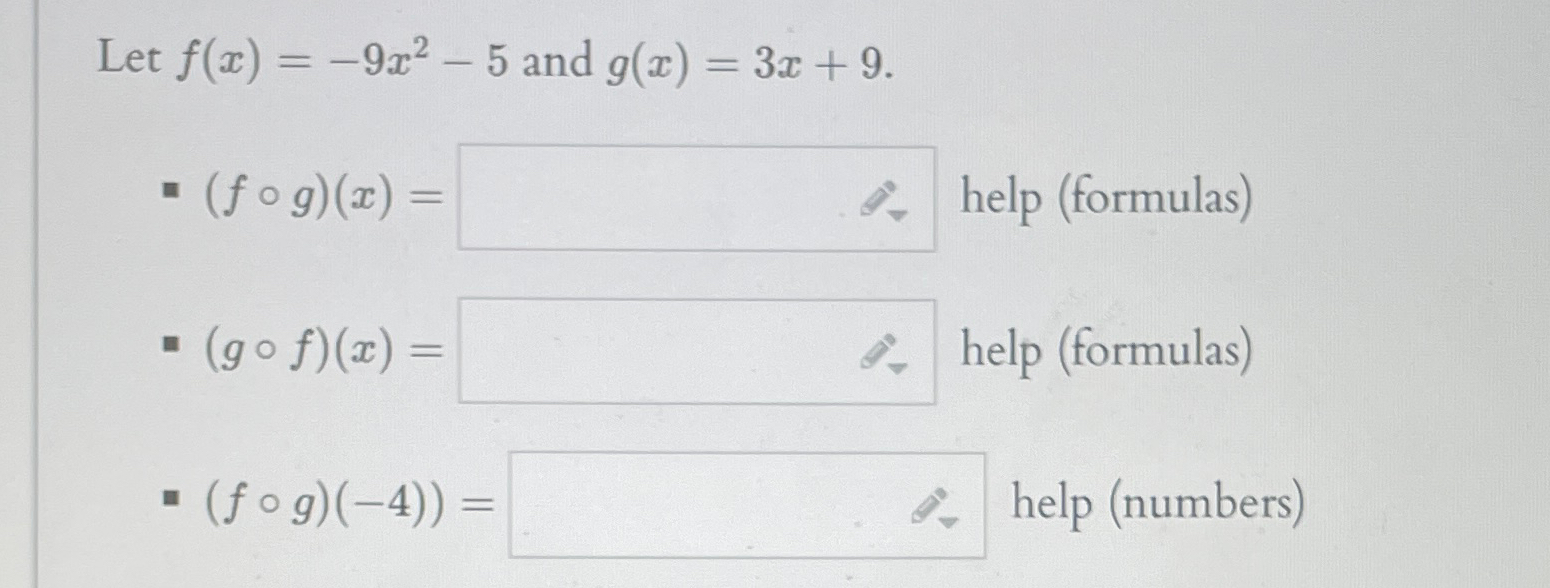 Solved Let f(x)=-9x2-5 ﻿and g(x)=3x+9.(f@g)(x)= ﻿help | Chegg.com