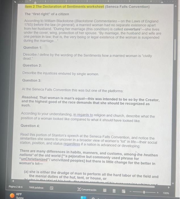 Item 2 The Declaration of Sentiments worksheet | Chegg.com
