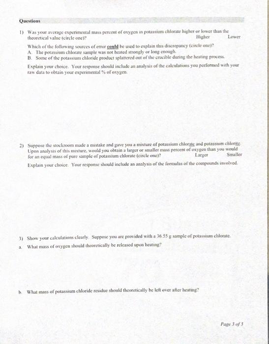 Solved Name: Lab Partner: Chem 10, Section: Experiment Date: | Chegg.com