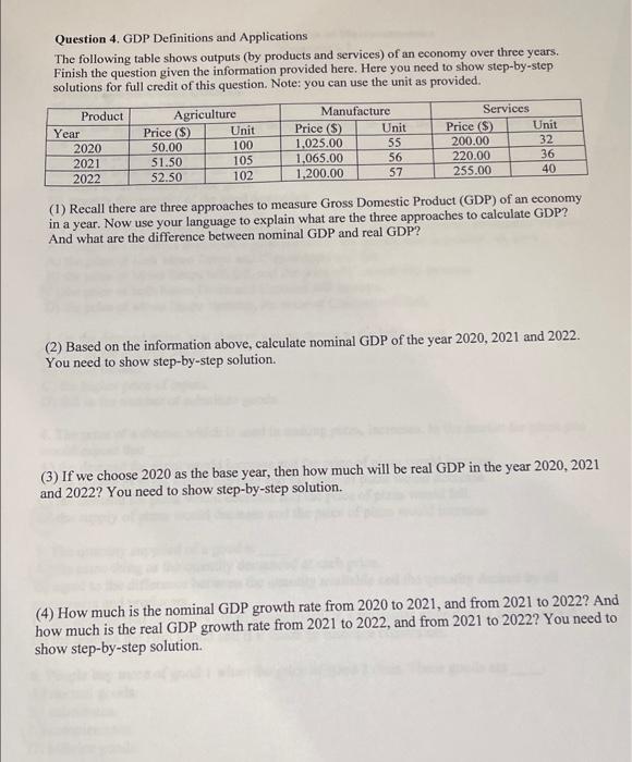 Solved Question 4. GDP Definitions and Applications The | Chegg.com