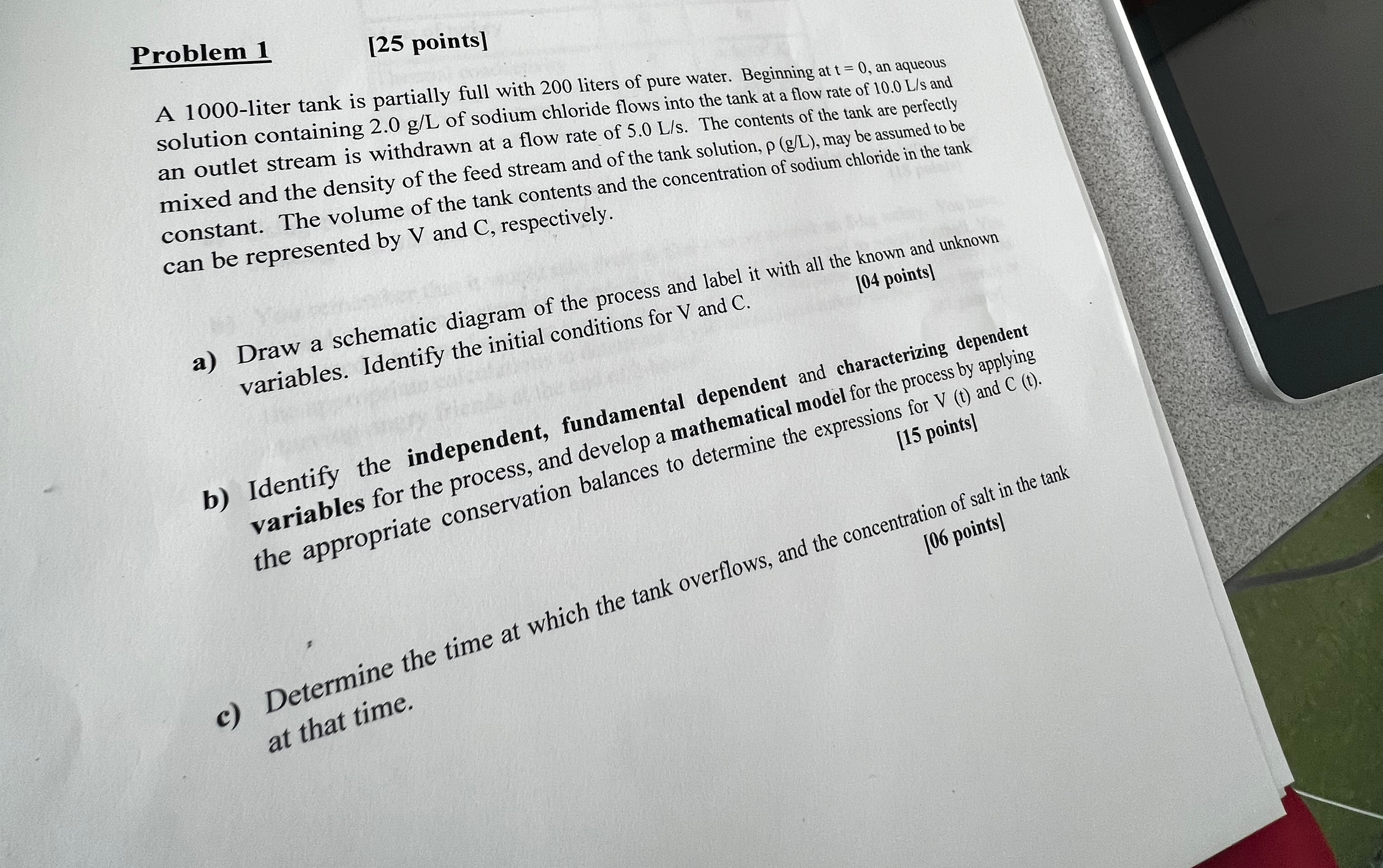 Solved Problem 1[25 ﻿points]A 1000- ﻿liter tank is partially | Chegg.com