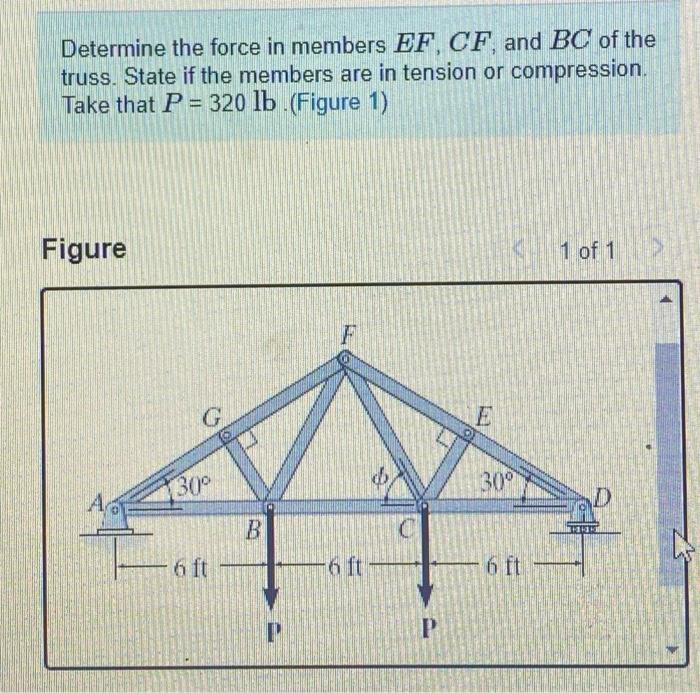 Solved Determine the force in members EF, CF, and BC of the | Chegg.com