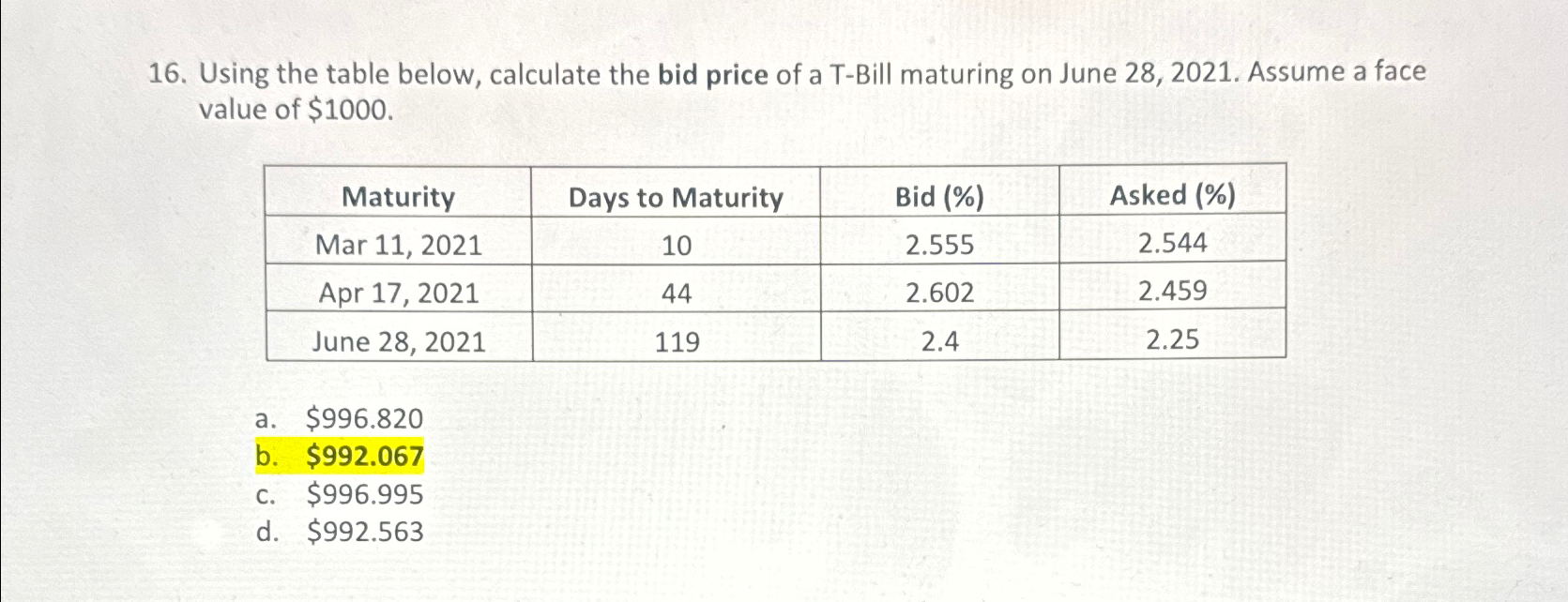 Solved Using the table below, calculate the bid price of a | Chegg.com