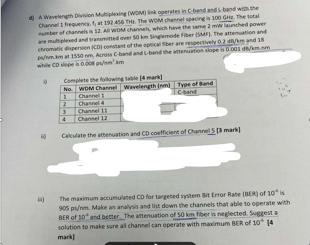 Solved d) ﻿A Wavelength Division Multiplexing (WDM) ﻿link | Chegg.com