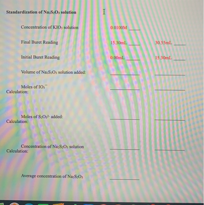 Standardization of Na2S2O3 solution 1 Concentration | Chegg.com