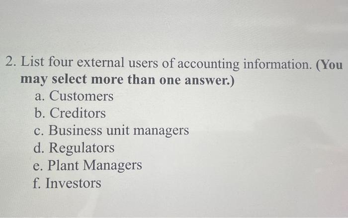 Solved 2. List four external users of accounting | Chegg.com
