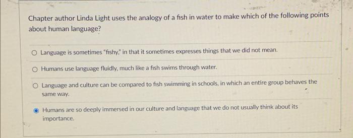 Solved Chapter author Linda Light uses the analogy of a fish | Chegg.com