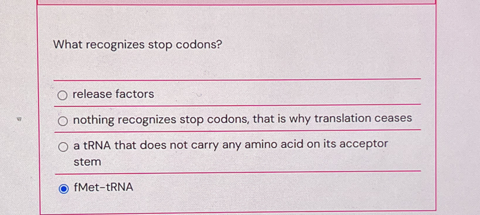 Solved What recognizes stop codons?q,release factorsnothing | Chegg.com