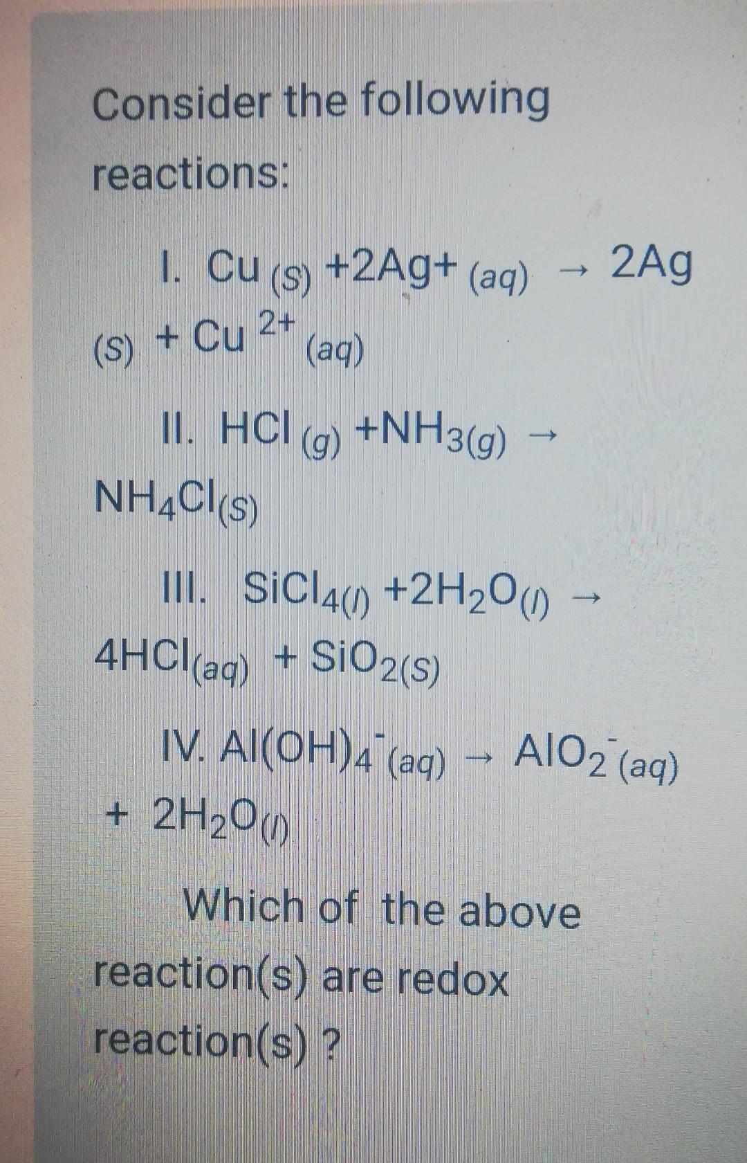 Solved Consider the following reactions: I. Cu (s) +2Ag+ | Chegg.com