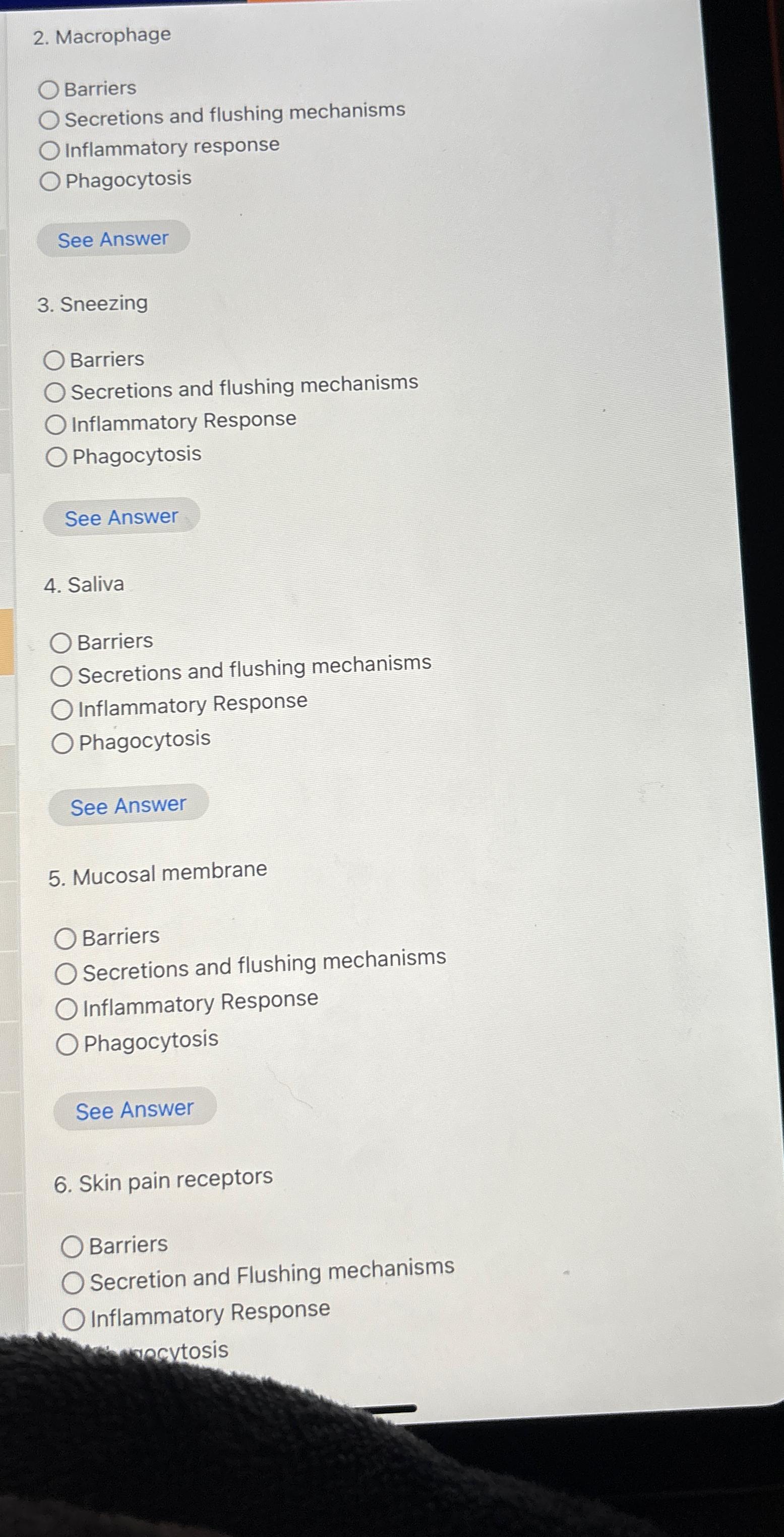 Solved MacrophageBarriersSecretions and flushing | Chegg.com