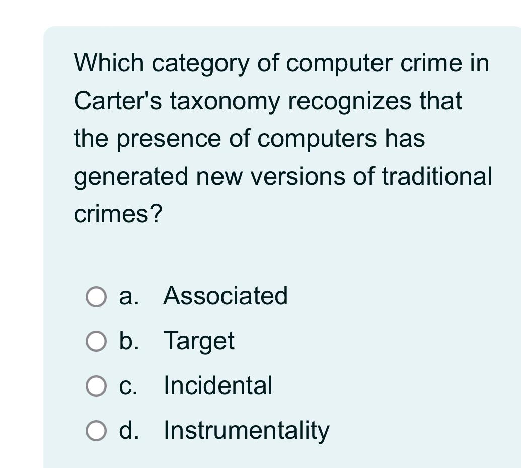 Solved Which category of computer crime in Carter's taxonomy | Chegg.com