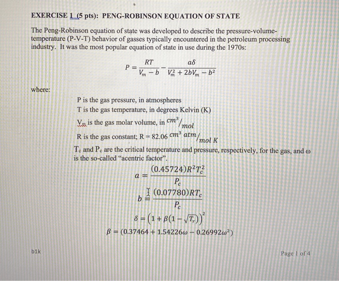 EXERCISE 1 (5 pts): PENG-ROBINSON EQUATION OF STATE | Chegg.com